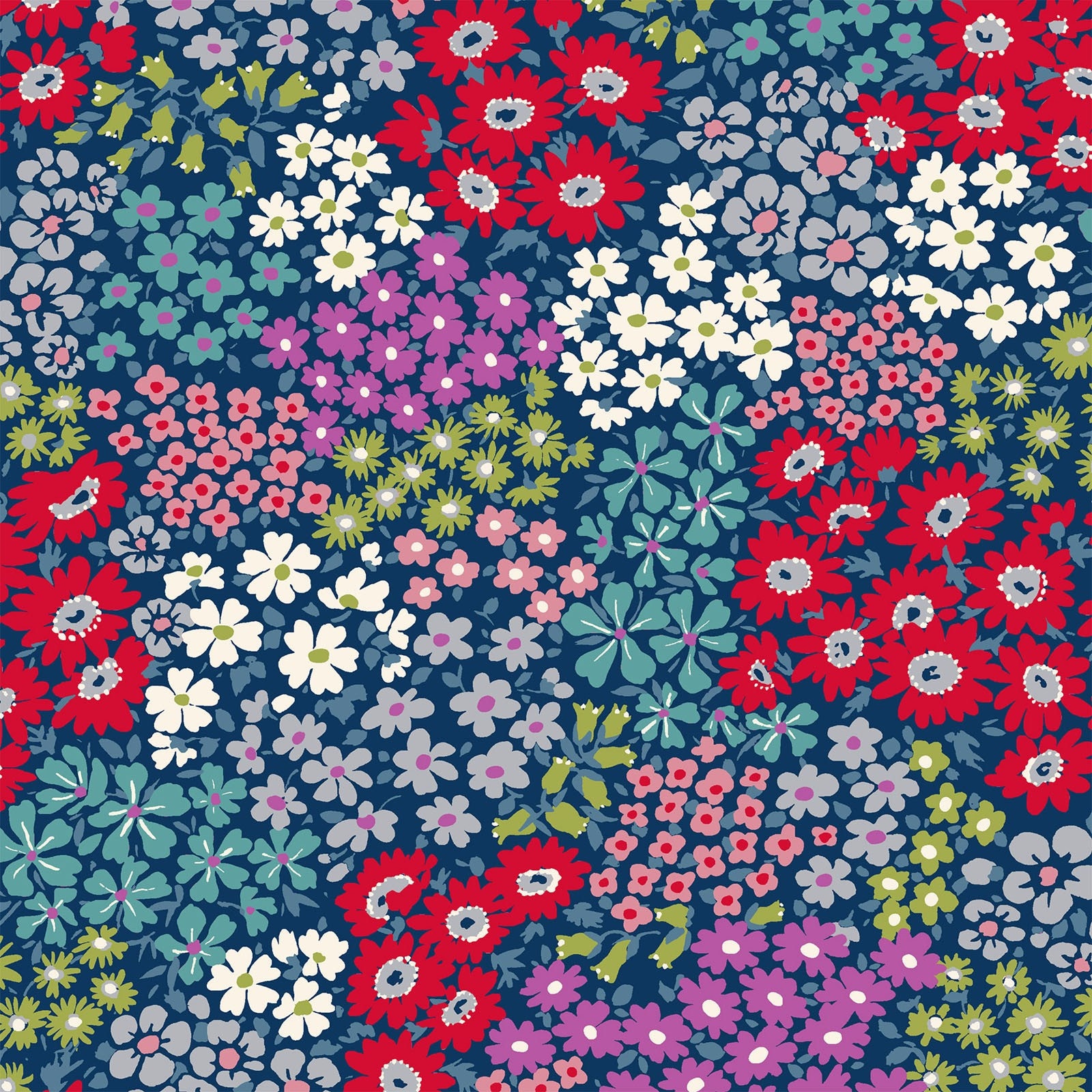 Spring Flowers - Blue With Red Purple Green Floral - Cosmo Japan Cotton ...