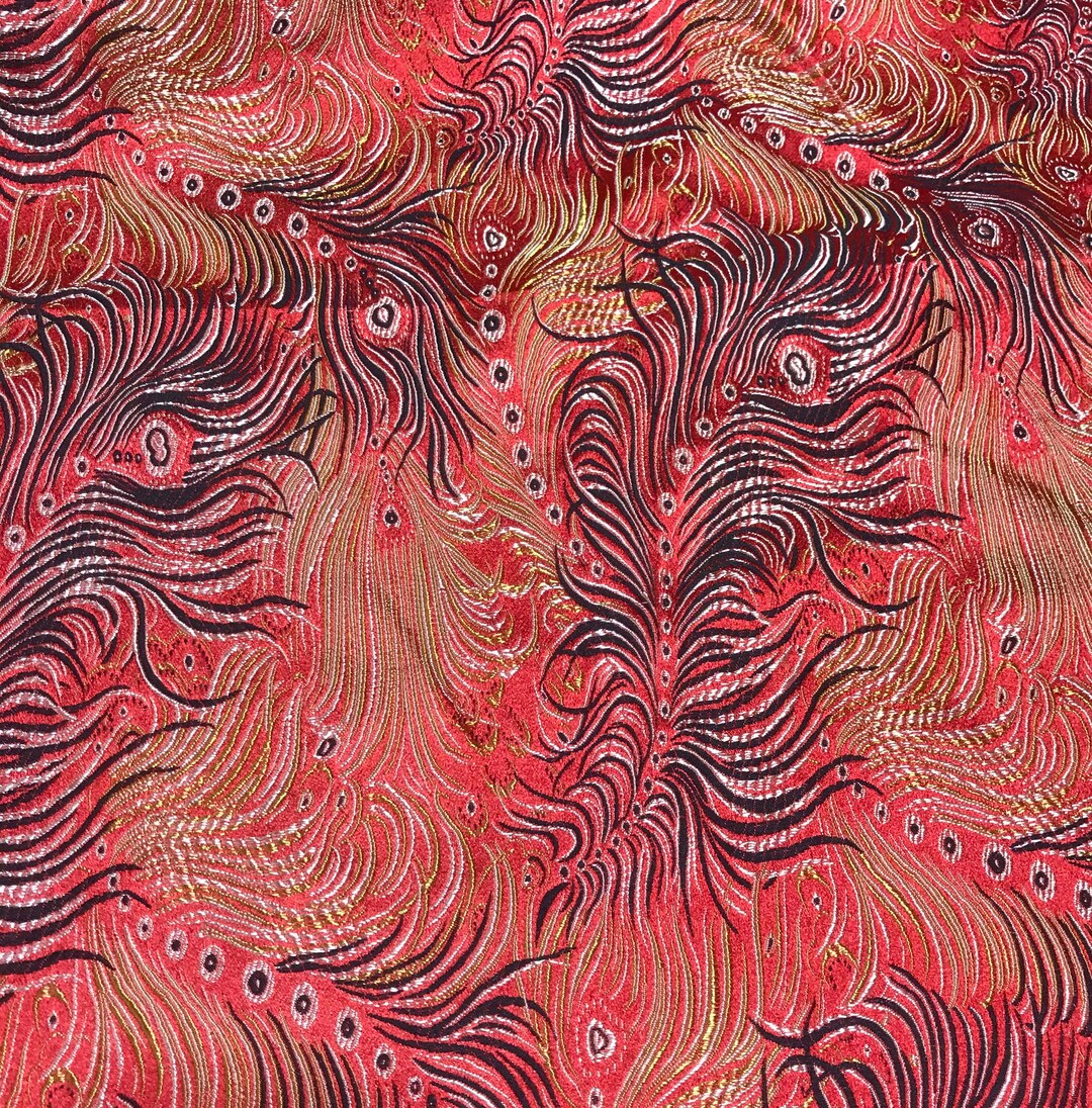 Red With Peacock Feathers - Silk Brocade Fabric - Etsy