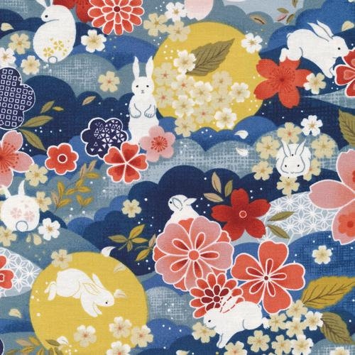 The Moon Rabbit - Japanese Floral Navy - Paintbrush Studio Cotton ...