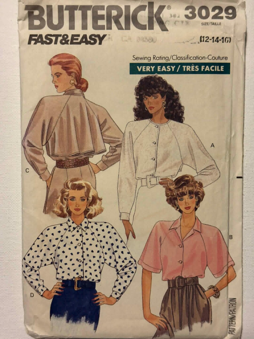 1988 Butterick Button Front Blouse. Pattern # 3029 Size: 12,14,16 - Etsy