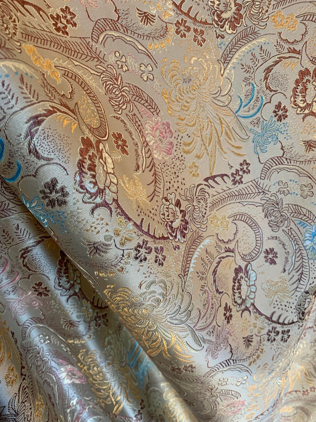 Gold Mums Floral Flourish - Faux Silk Brocade Jacquard Fabric - Etsy
