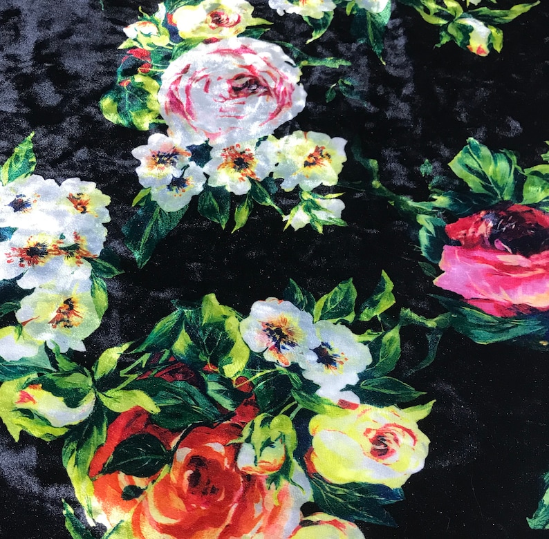 Black With Roses Floral Stretch Polyester Velvet Fabric - Etsy