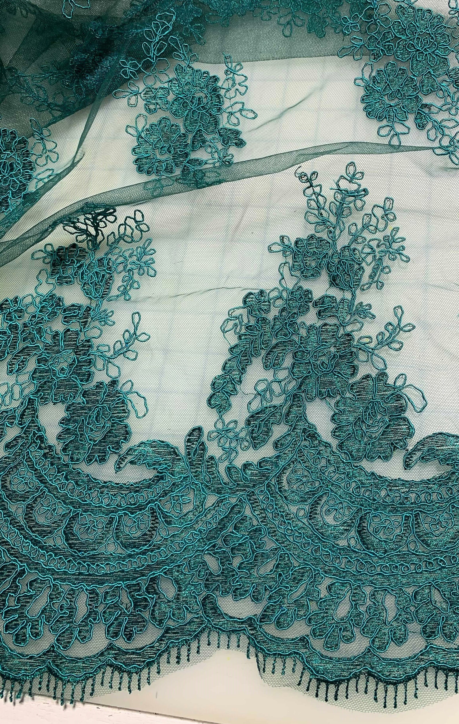 Teal Floral Scalloped Border Embroidered Tulle Lace Fabric | Etsy