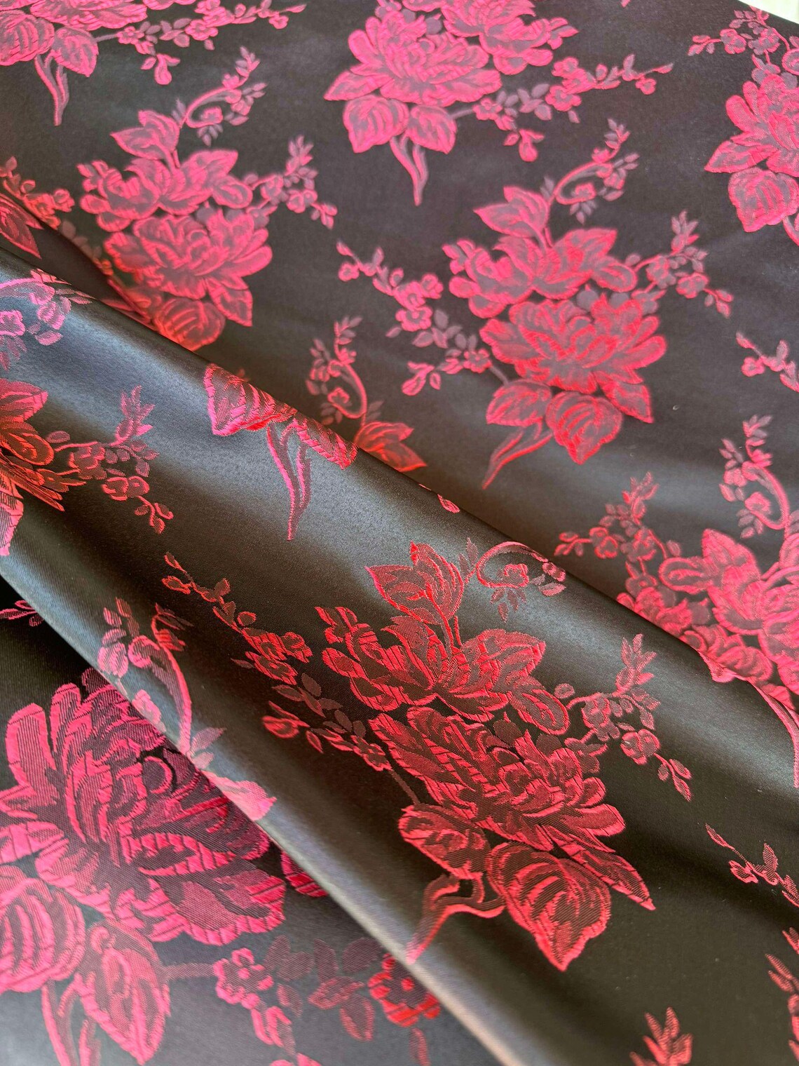 Black & Scarlet Red Roses Floral - Faux Silk Brocade Jacquard Fabric - Etsy