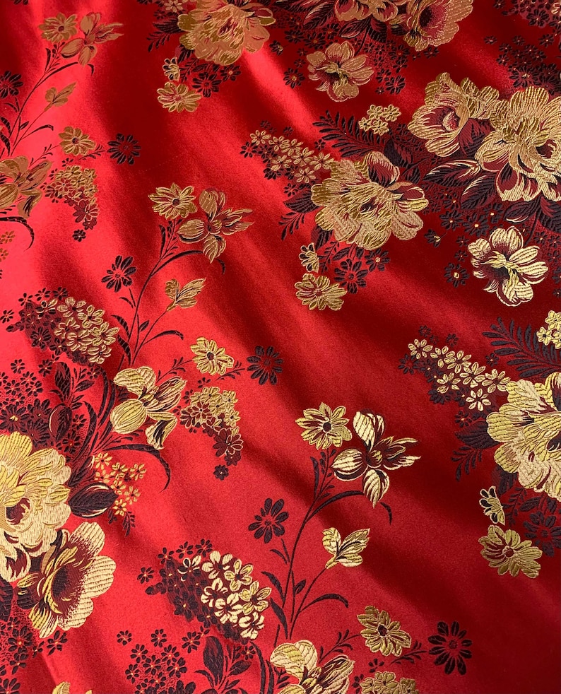 Red With Gold Peonies Floral - Silk Brocade Fabric - Etsy
