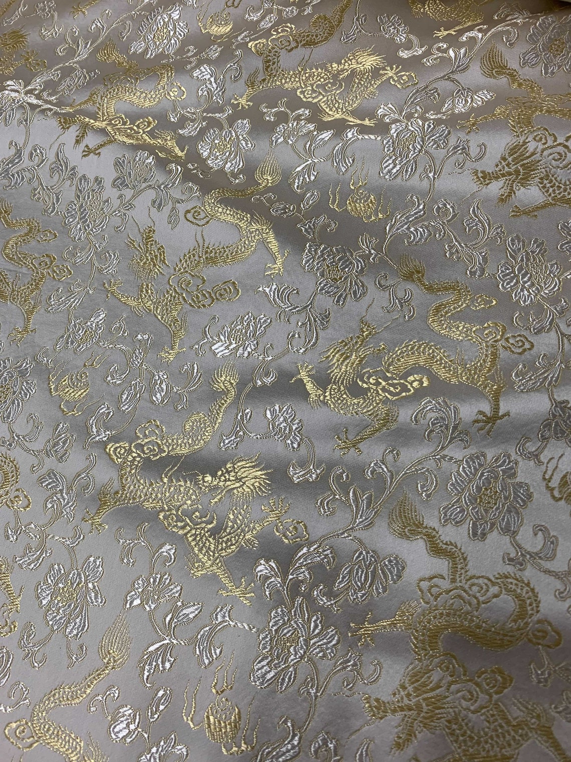 White With Gold Dragons - Silk Brocade Fabric - Etsy