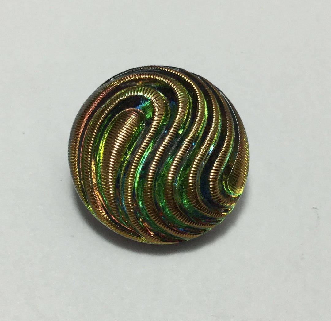 Vintage Glass Button - Mirror Back Iridescent Green Waves With Gold ...