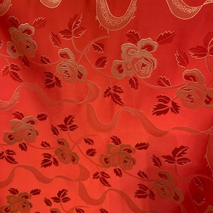 Red and Gold Ribbon Roses - Faux Silk Brocade Jacquard Fabric - Etsy