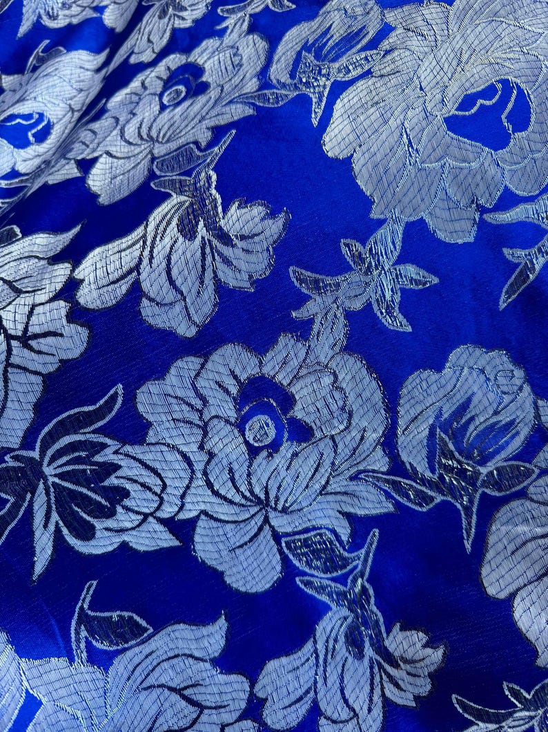 Royal Blue With Silver Flowers - Faux Silk Brocade Jacquard Fabric - Etsy
