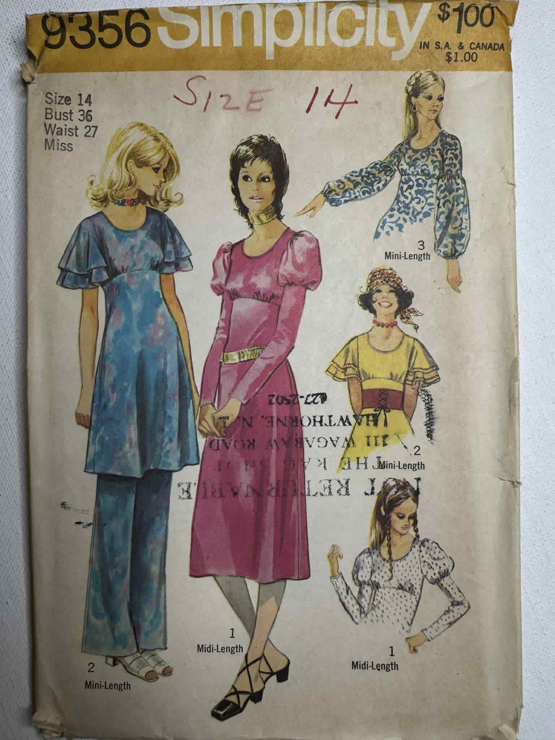1971 Simplicity Puff or Ruffle Sleeve Top and Dress. Pattern # 9356 ...