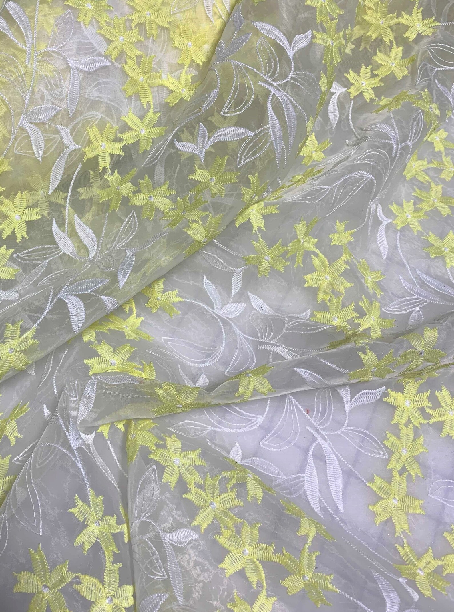 Yellow & White Floral Embroidered Organza Fabric | Etsy