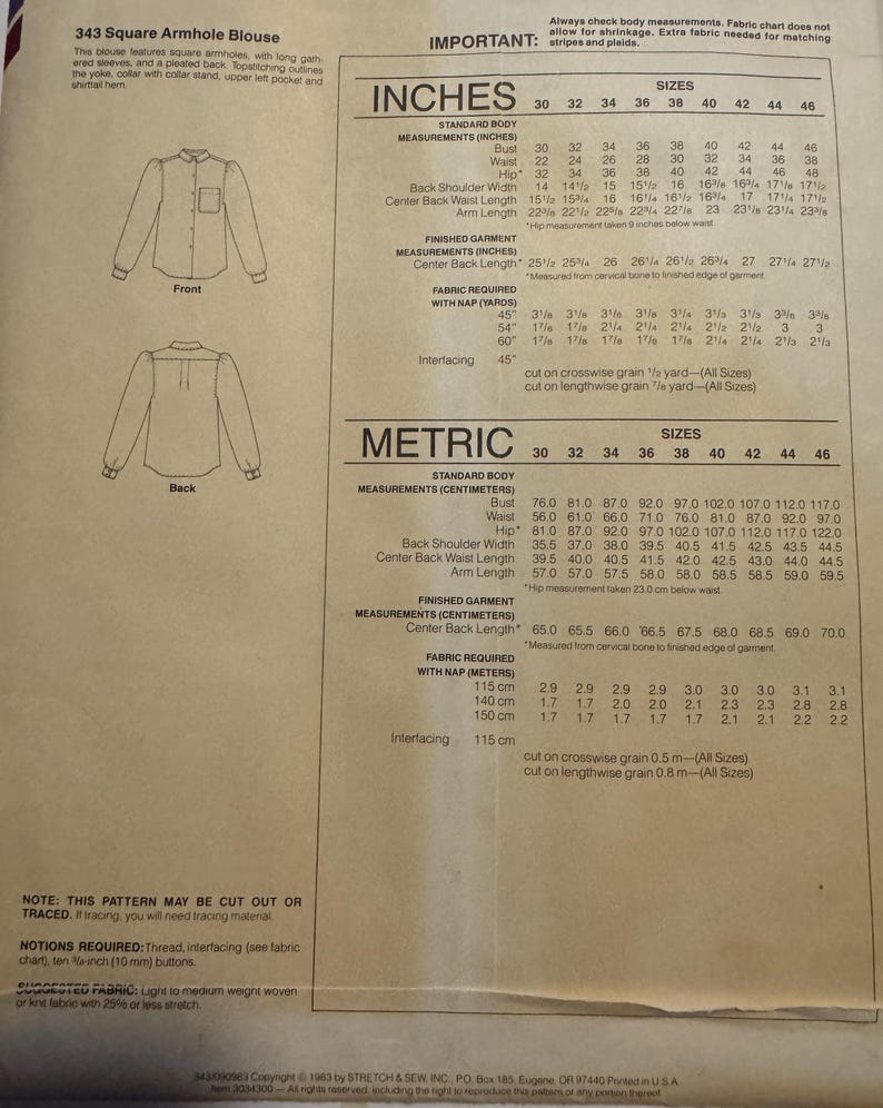Square Armhole Blouse - Bust 30-46 - 1983 Stretch & Sew Pattern 343 ...
