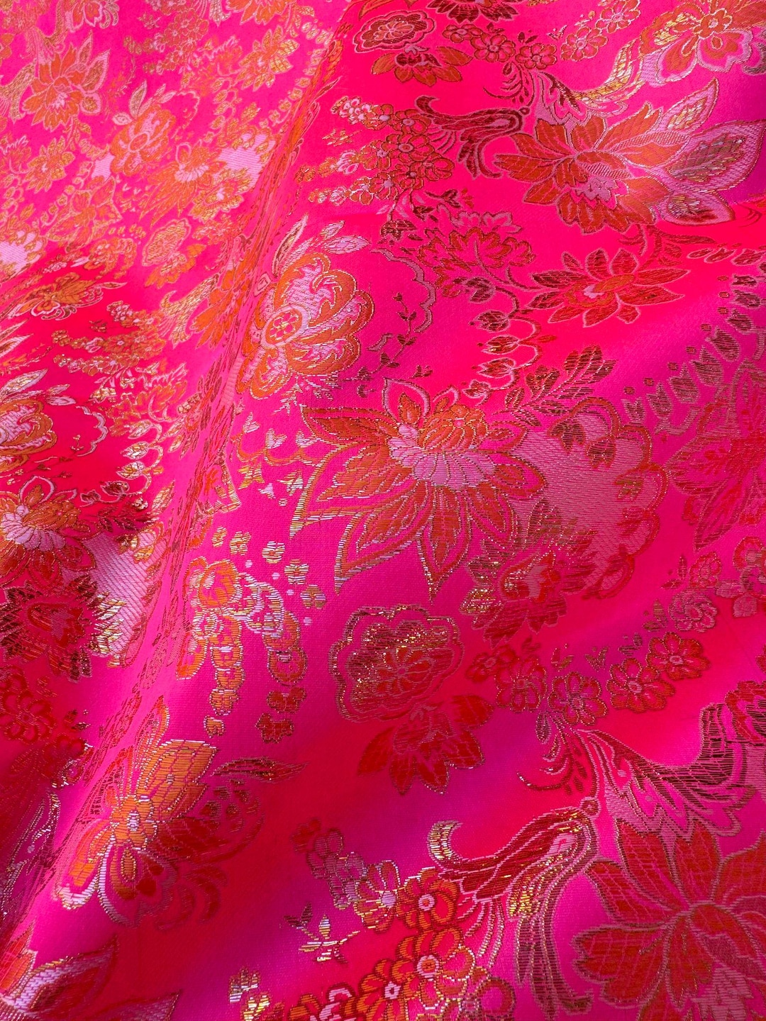 Neon Pink & Orange Floral - Faux Silk Brocade Jacquard Fabric - Etsy