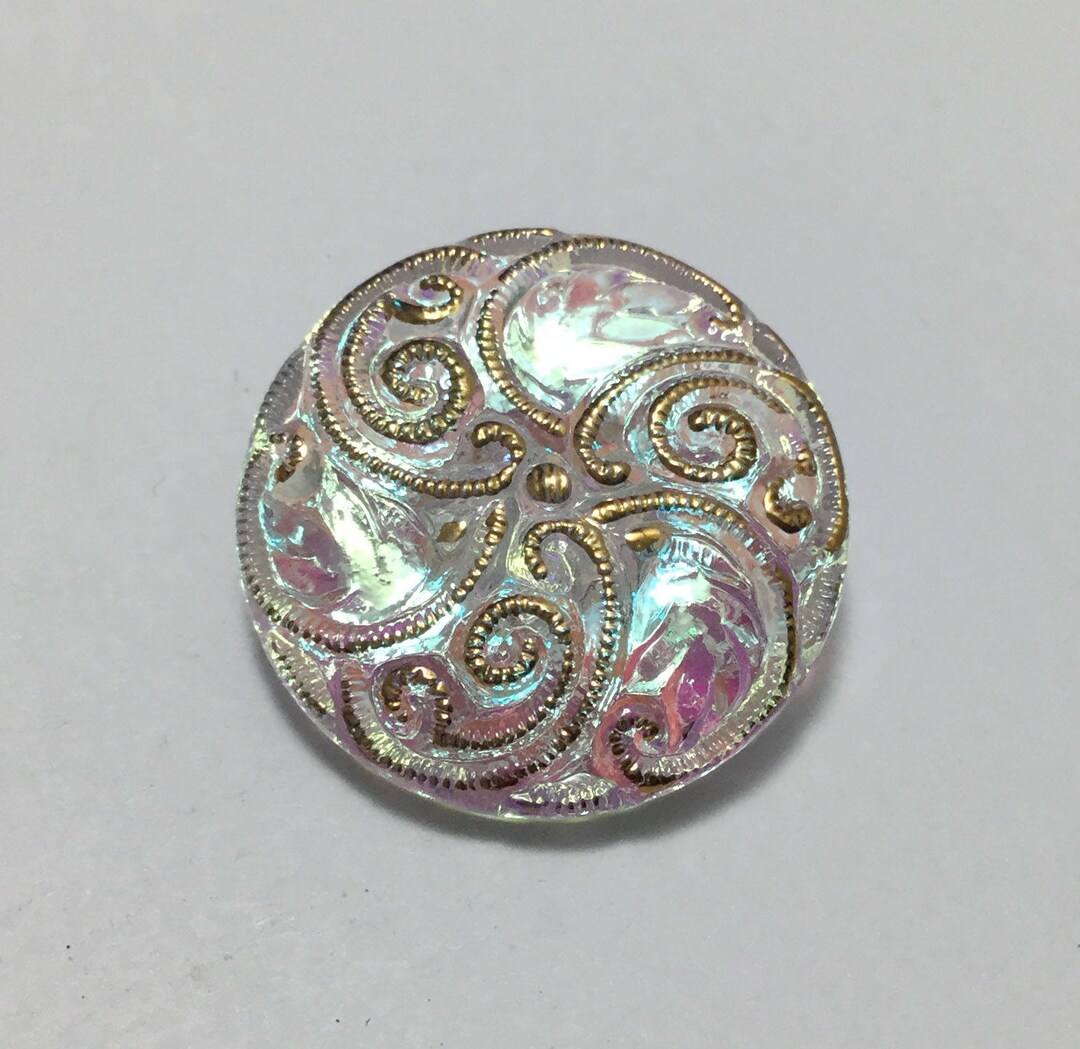 Vintage Glass Button - Mirror Back Iridescent Leaves Swirl Large 1-1/16 ...
