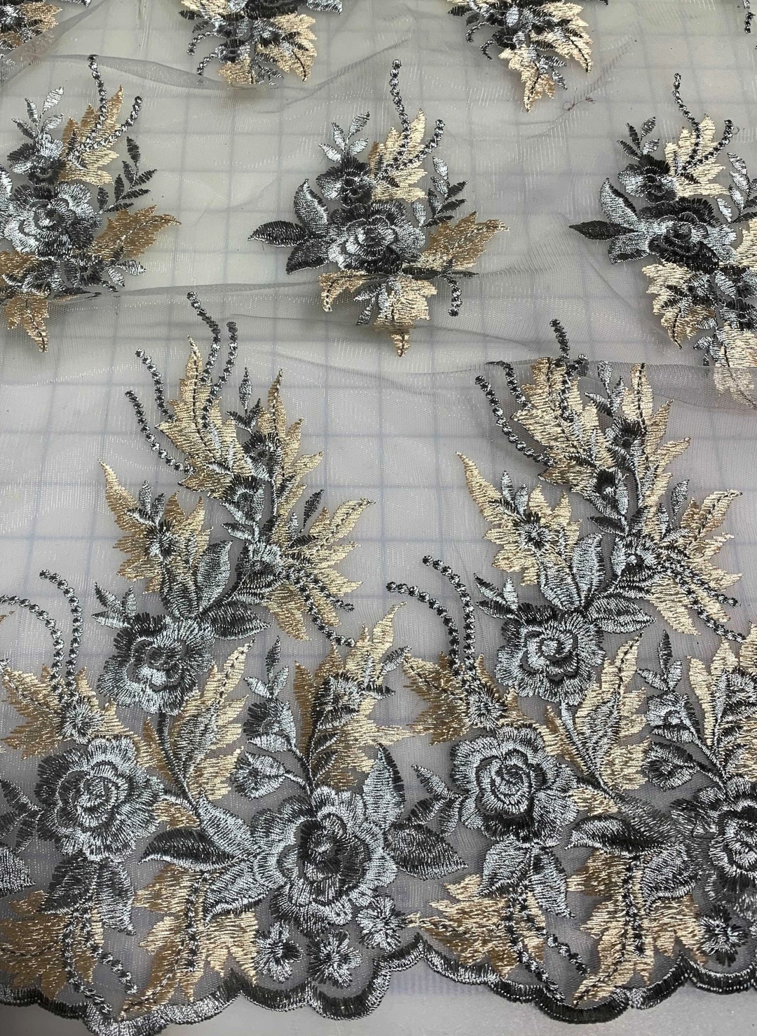 Remnant Sale - Gold & Silver Roses Floral Embroidered Tulle Lace Fabric ...