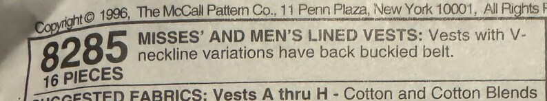 1996 Mccall's Male and Female Lined Vest's. Pattern # 8285 Size: 42,44 ...