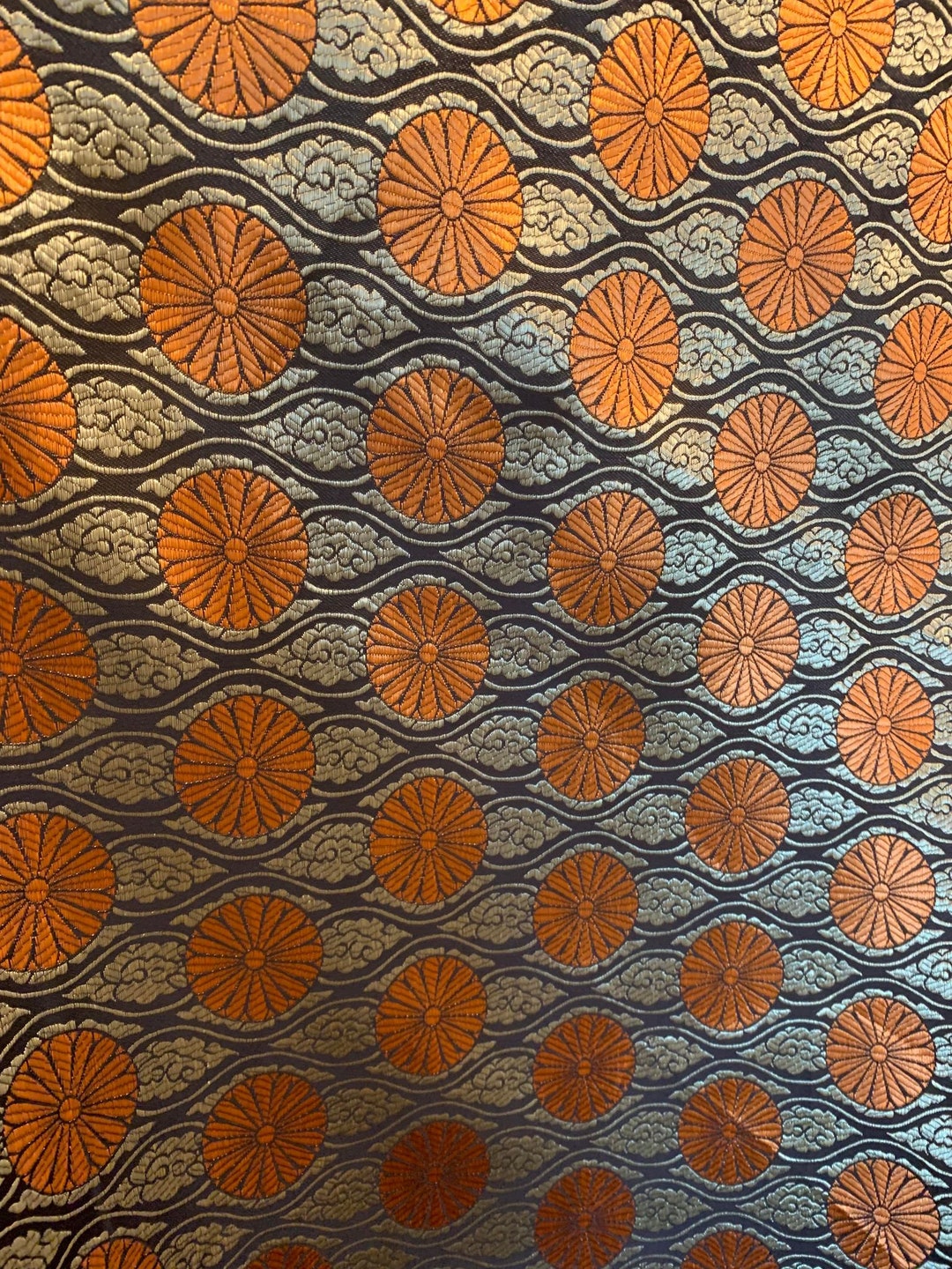 Orange & Gold Floral Medallions With Clouds - Faux Silk Brocade Fabric ...