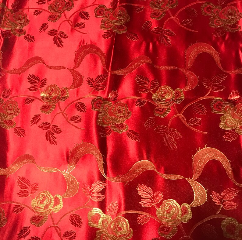 Red and Gold Ribbon Roses Faux Silk Brocade Fabric | Etsy