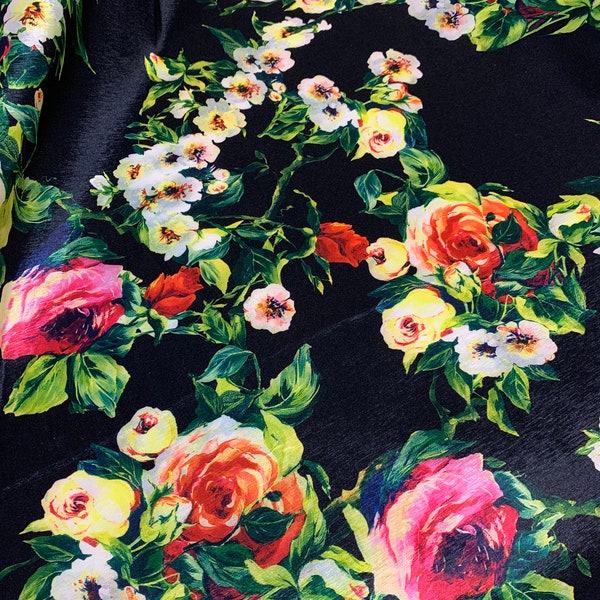 Black Floral Fabric - Etsy