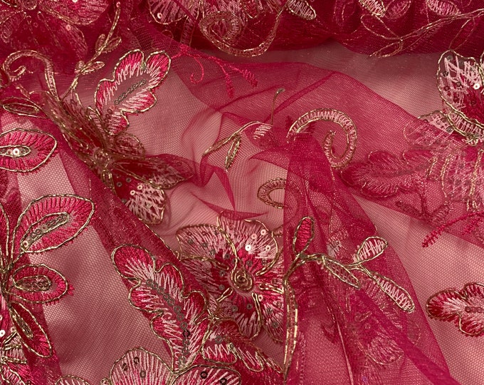 52" X 2 Yard - Fuchsia Pink Floral Embroidered Tulle Lace Fabric - End ...