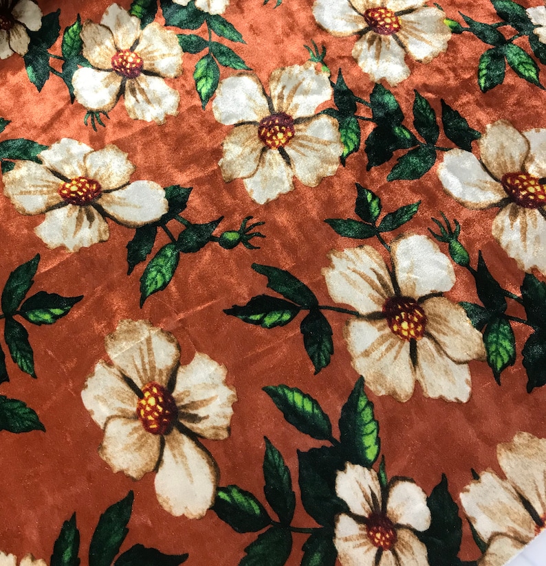 Rust & Ivory Floral Stretch Polyester Velvet Fabric - Etsy