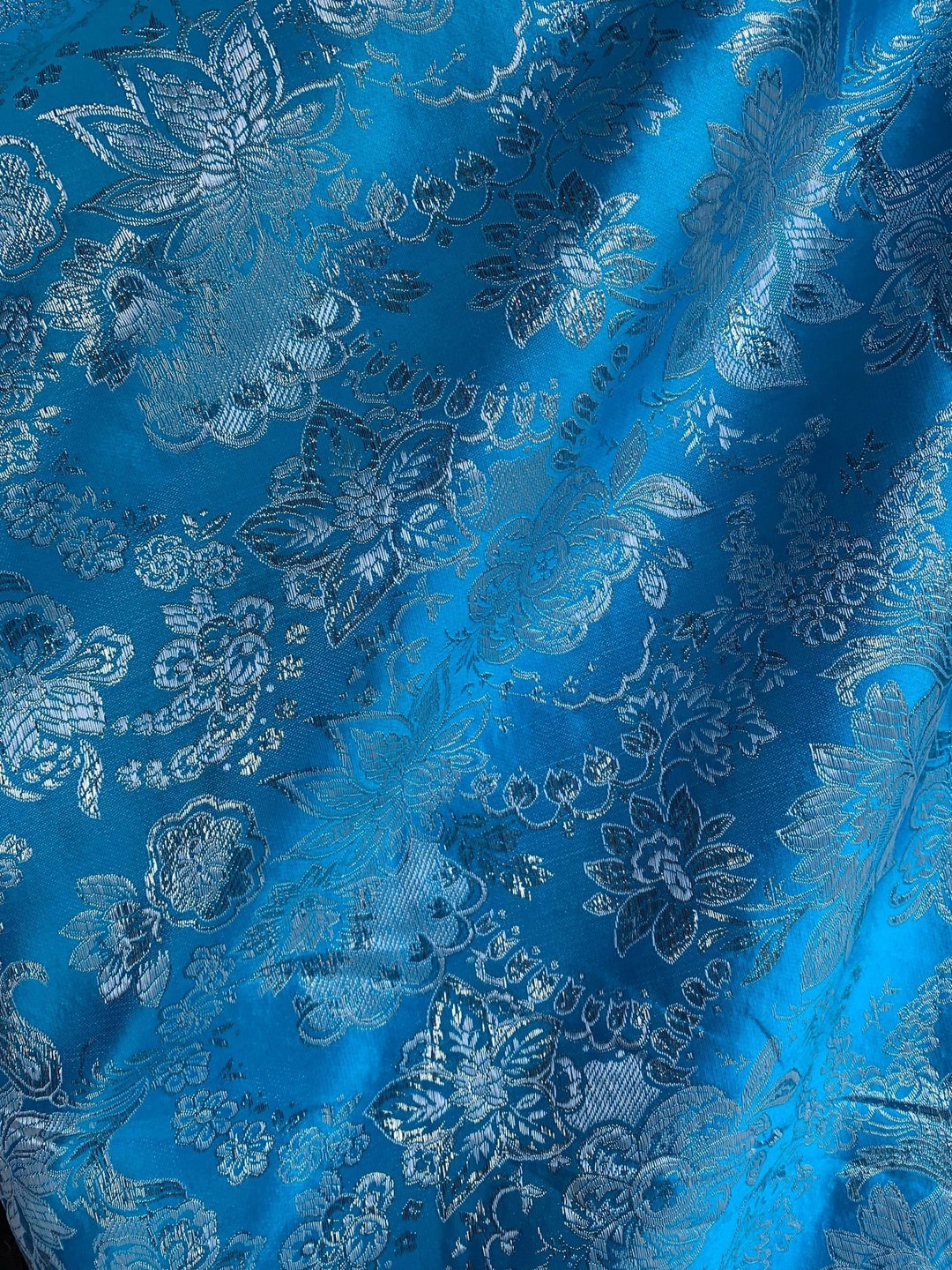 Turquoise & Silver Floral - Faux Silk Brocade Jacquard Fabric - Etsy