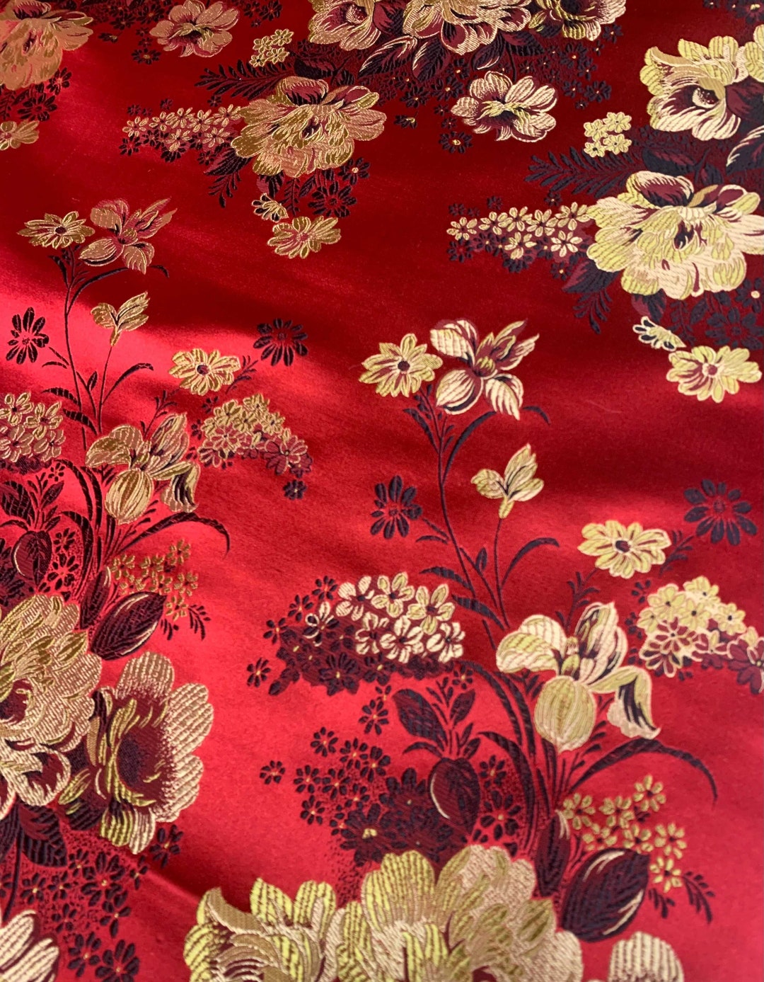 Red With Gold Peonies Floral - Silk Brocade Fabric - Etsy