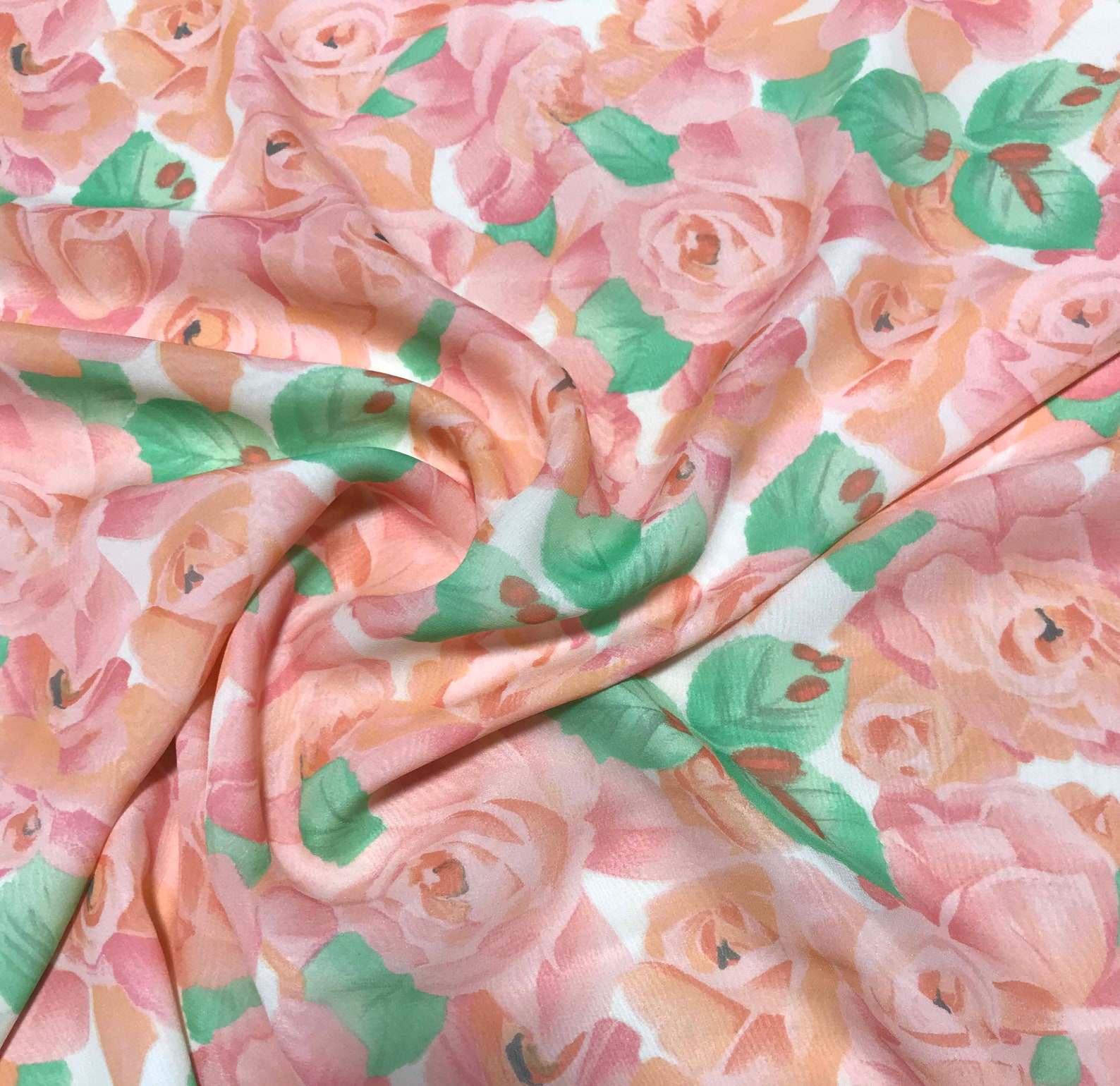 Peach Roses Floral Silk Chiffon Fabric | Etsy