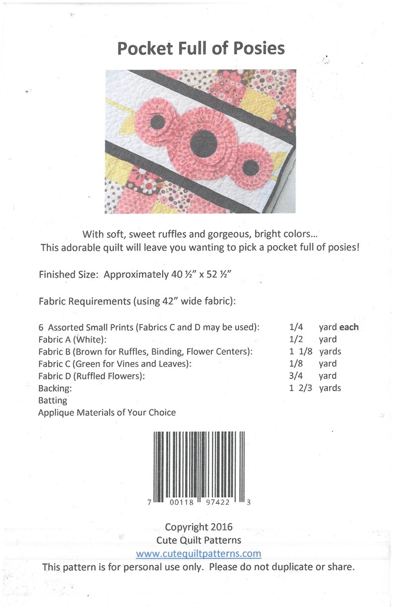Pocket Full of Posies Quilt Pattern Cute Quilt Patterns - Etsy