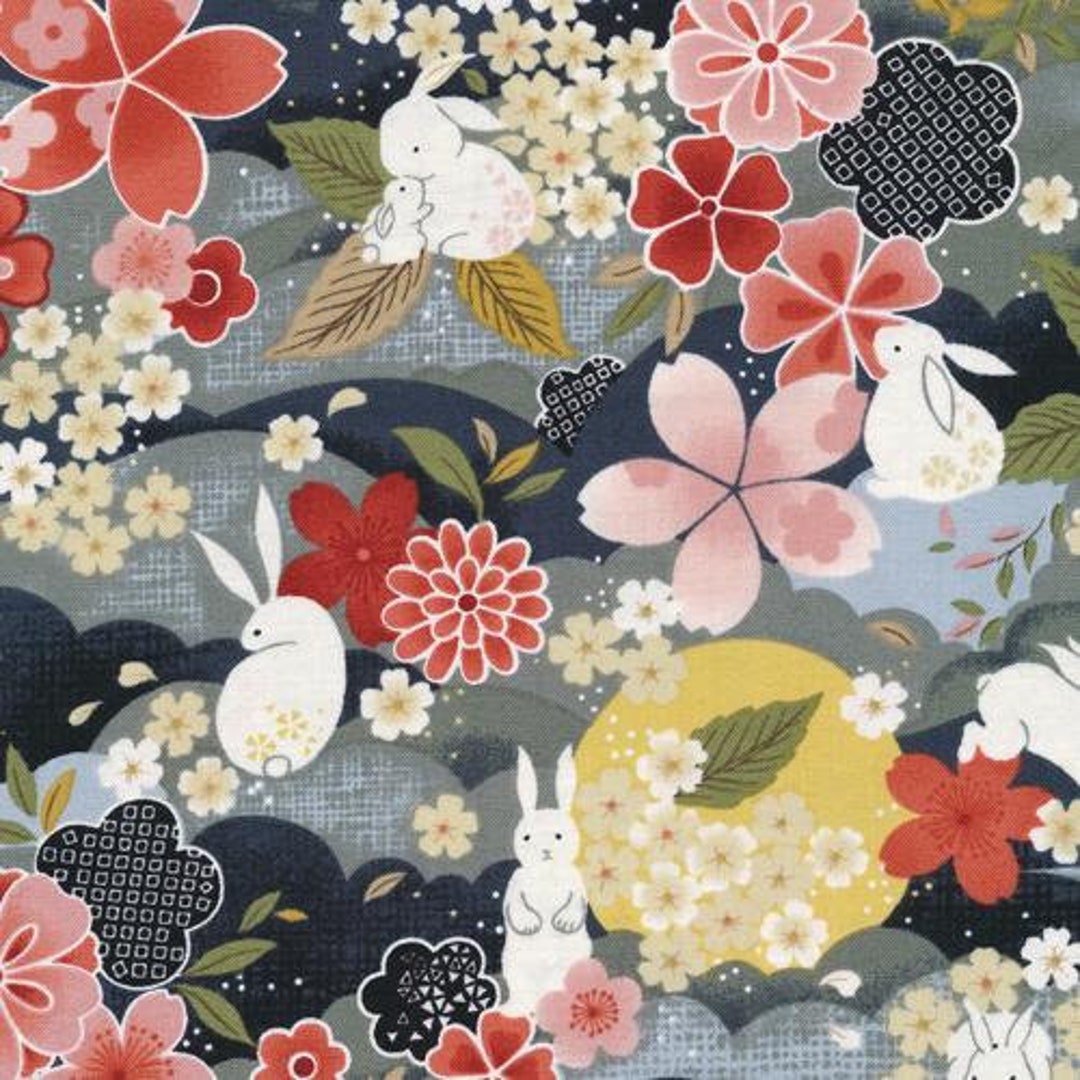 The Moon Rabbit Japanese Floral Night - Paintbrush Studio Cotton Fabric ...