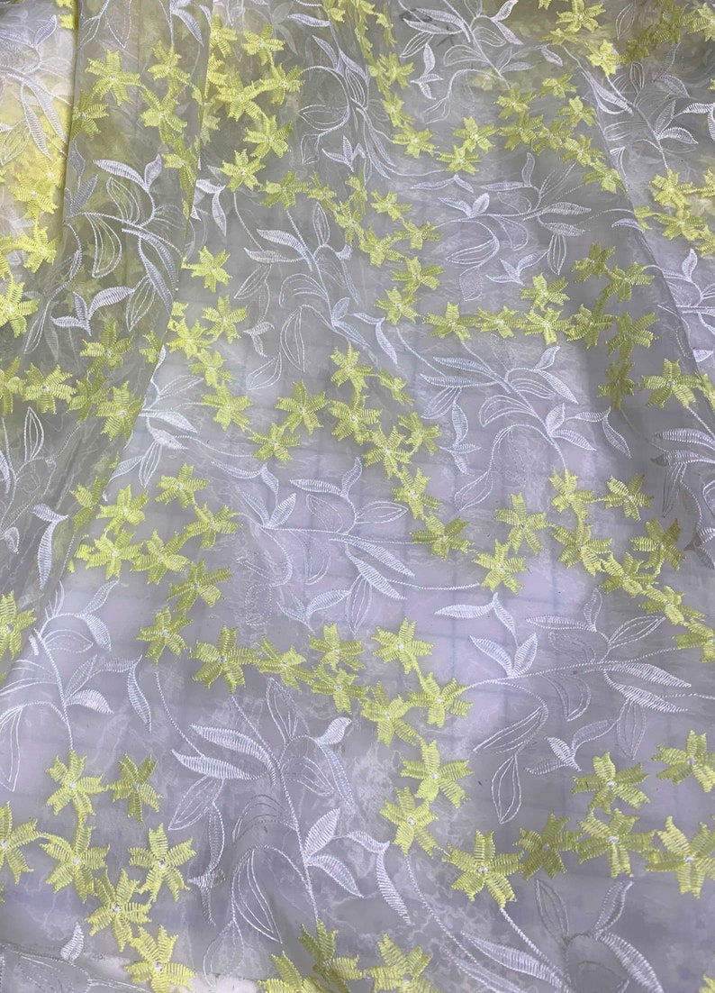 Yellow & White Floral Embroidered Organza Fabric | Etsy