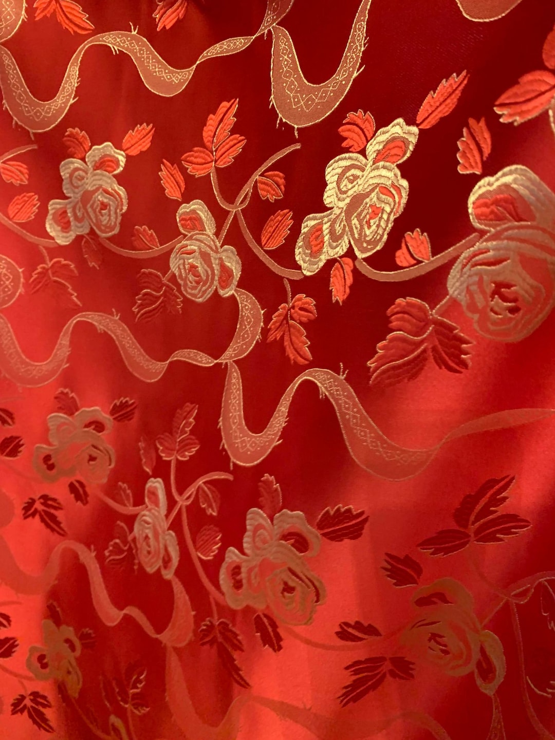 Red and Gold Ribbon Roses - Faux Silk Brocade Jacquard Fabric - Etsy