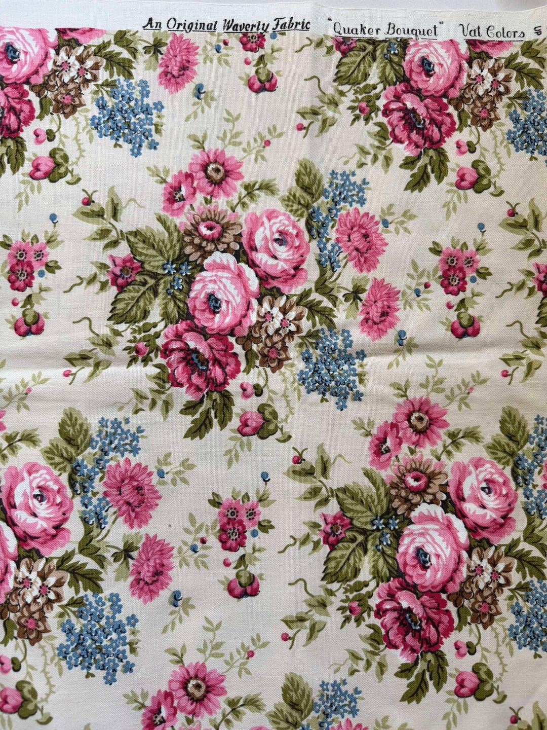 18"x59" Remnant - Vintage Pink & Blue Quaker Bouquet Floral Waverly ...