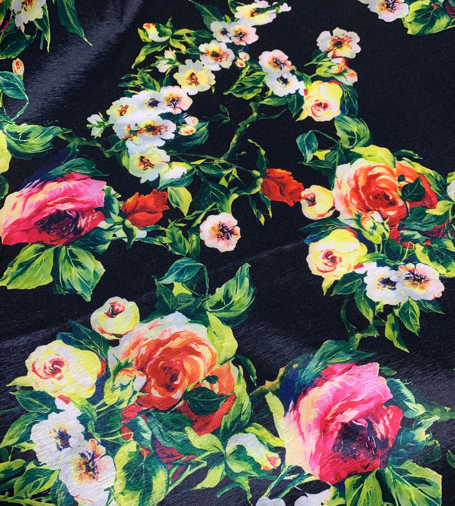 Black With Roses Floral Stretch Polyester Taffeta Fabric - Etsy