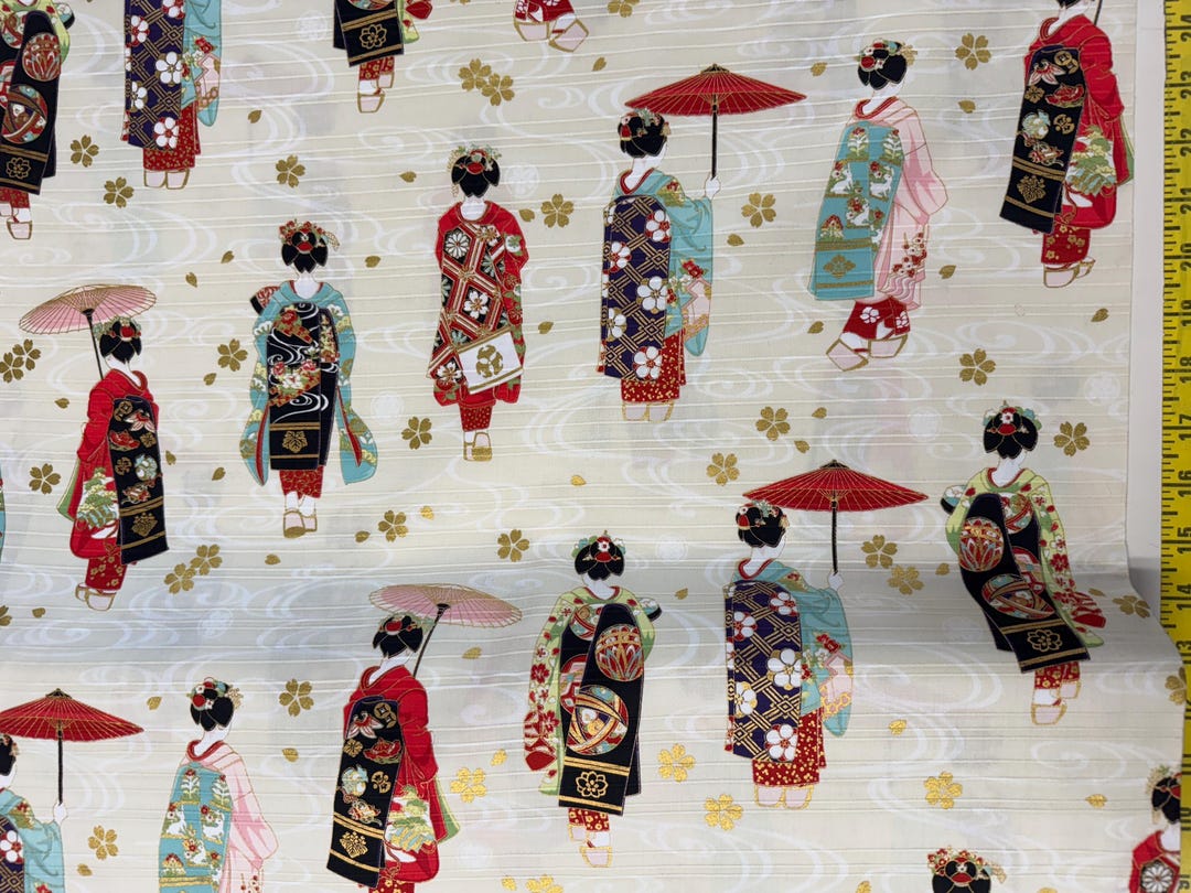 Maiko II Geisha on White - Cosmo Japan Cotton Satin Fabric - Etsy