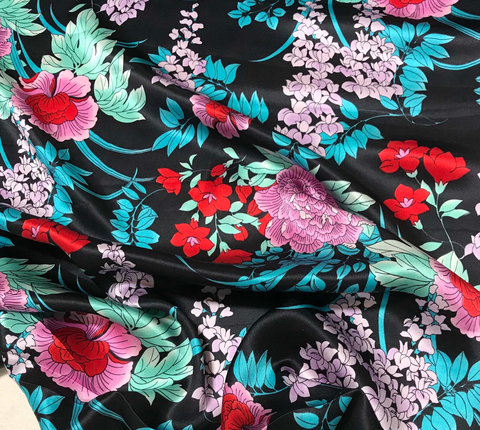 Purple Pink and Green Floral Silk Charmeuse | Etsy