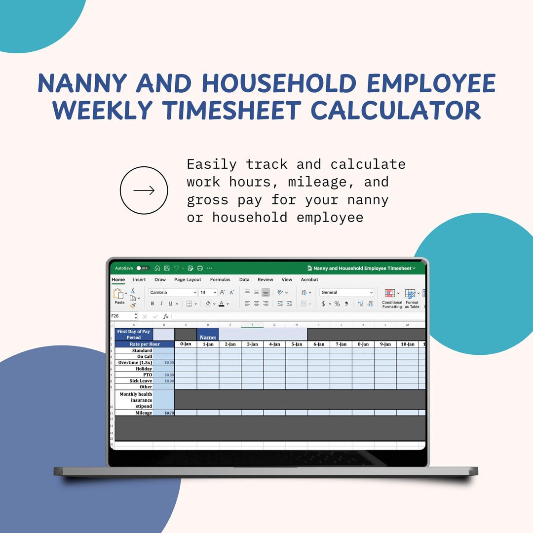 WEEKLY Nanny Timesheet Template | Weekly Household Employee Hours Log ...