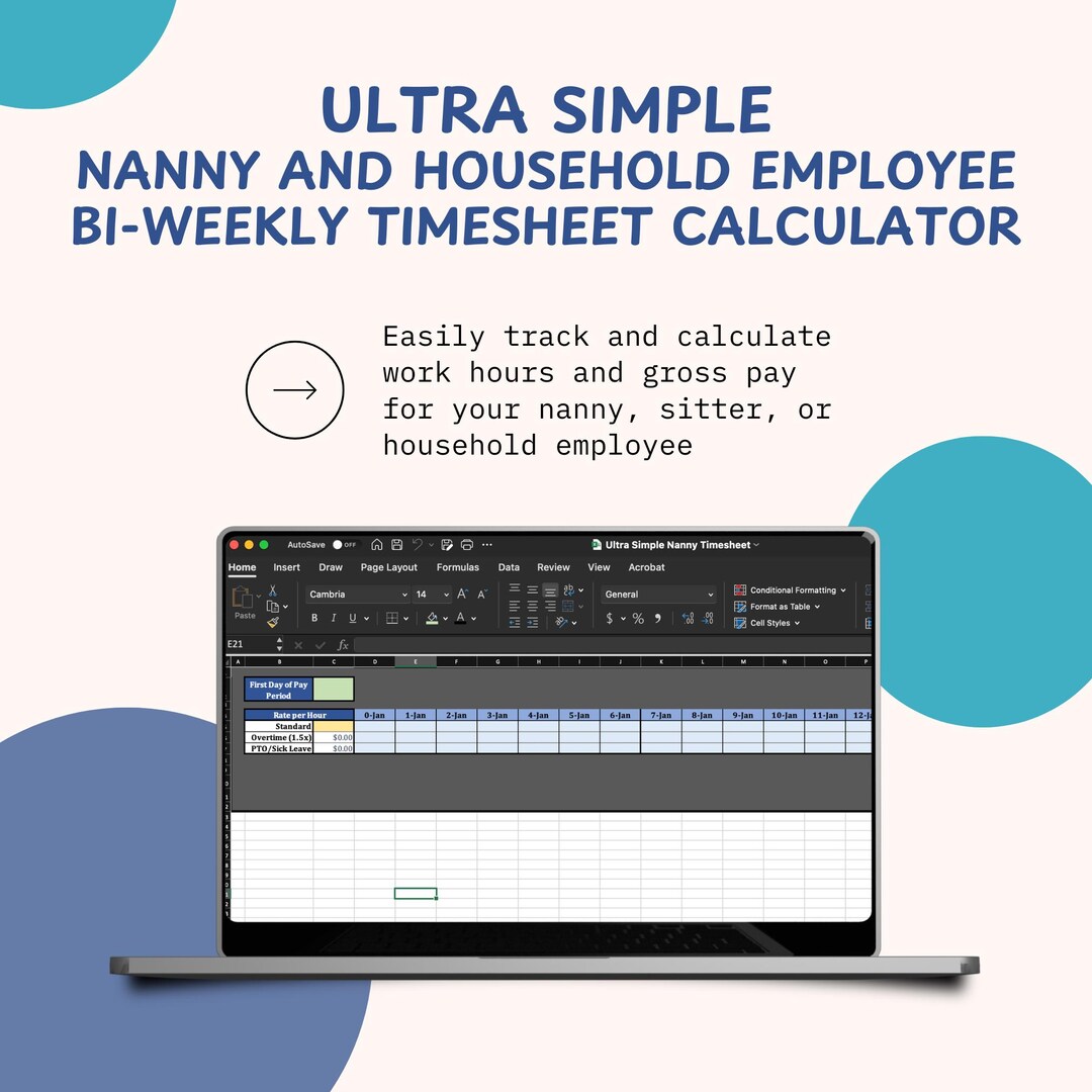 Bi-weekly Nanny Timesheet Calculator: Simple Excel Template - Etsy