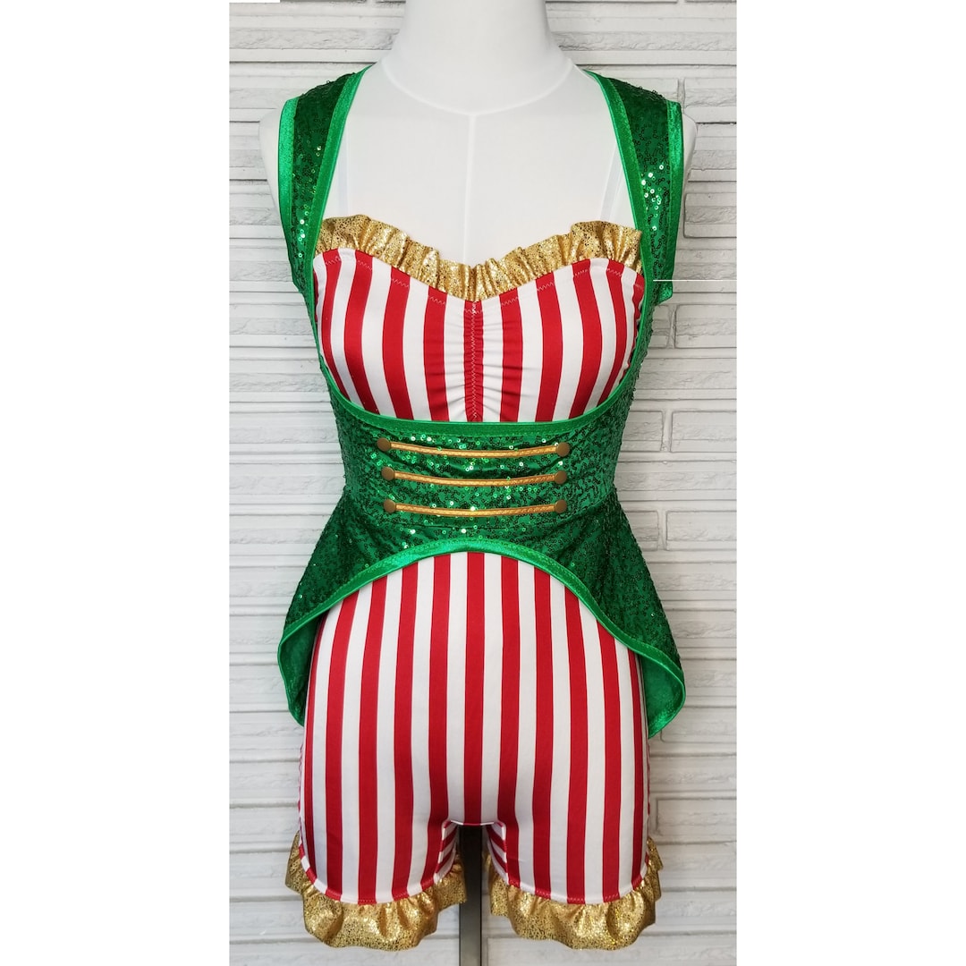 Holiday Two Piece Aerial Costume, Sequin Elf Tailcoat, Striped Bodysuit ...