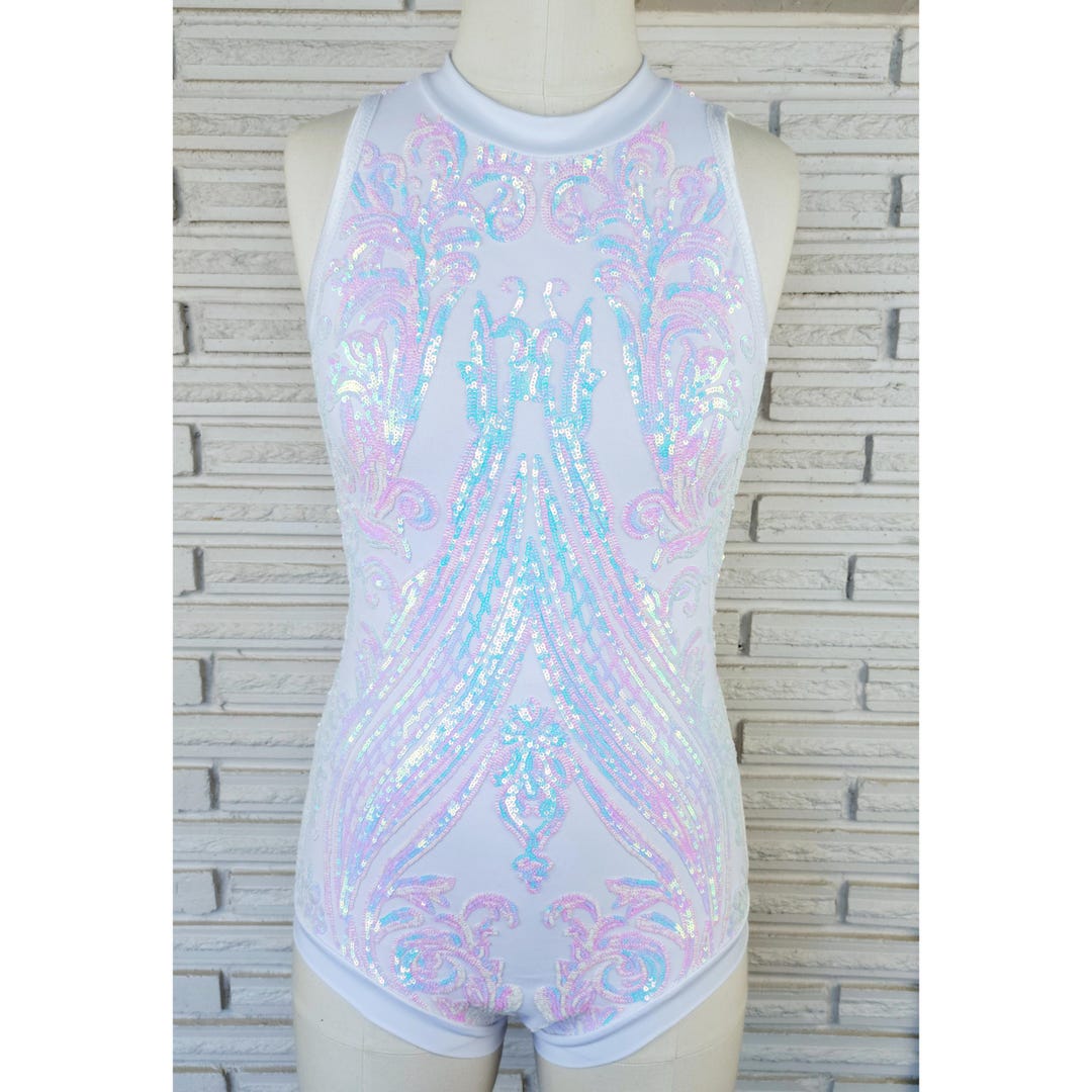 Pastel and White Sequin on Mesh Aerial Costume, Performance Bodysuit ...