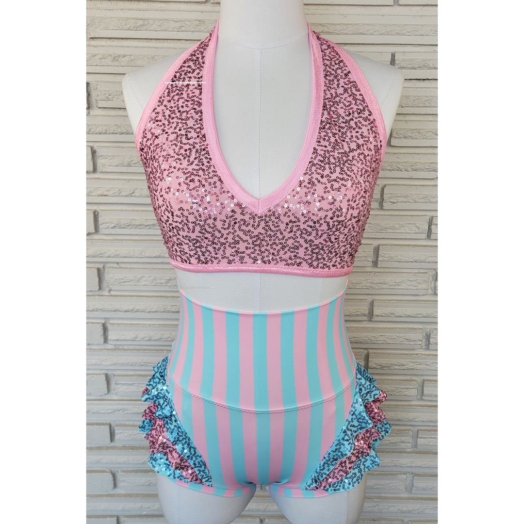 Pink Sequin Halter Top With Striped High Waist Briefs - Aerial Costume ...