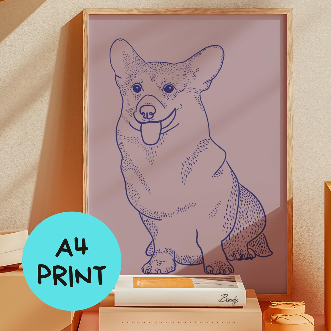 Corgi Cartoon Wall Art | Hand-drawn Line Art Poster | A4 Print on High ...