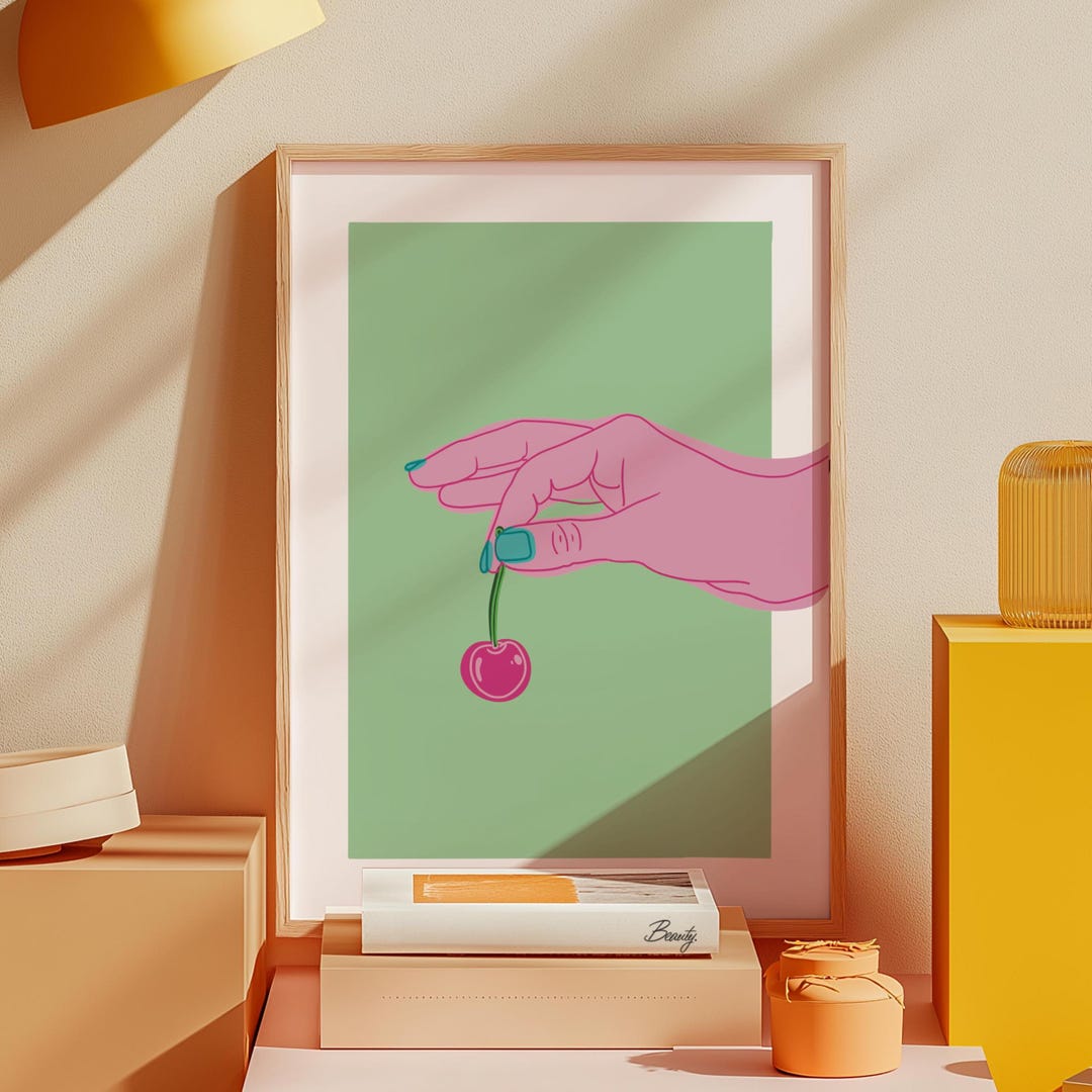 Cherry Line Art Print, Bold Pop Art Poster, Vibrant Hand and Fruit ...