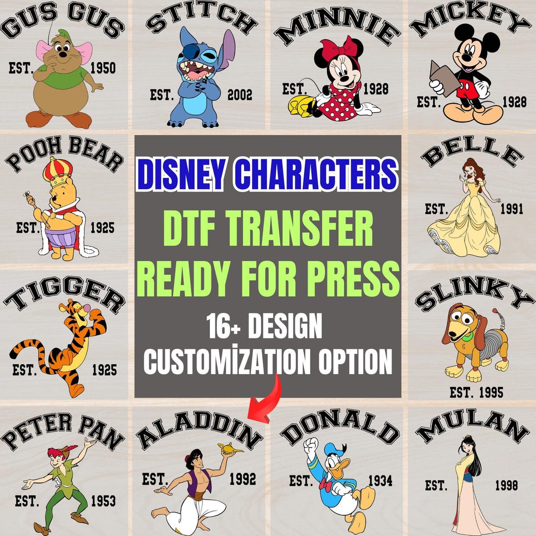 18 Custom Disney Cartoon Characters Dtf Heat Transfer Ready to Press ...