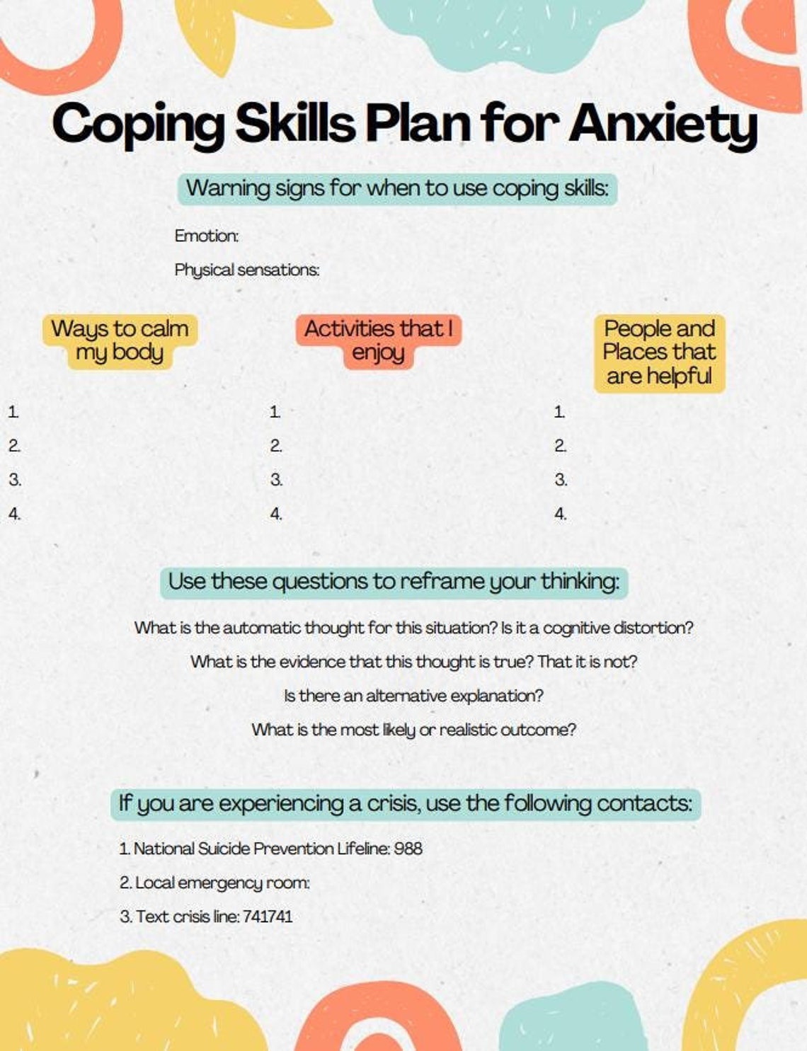 Coping Skills Plan for Anxiety - Etsy