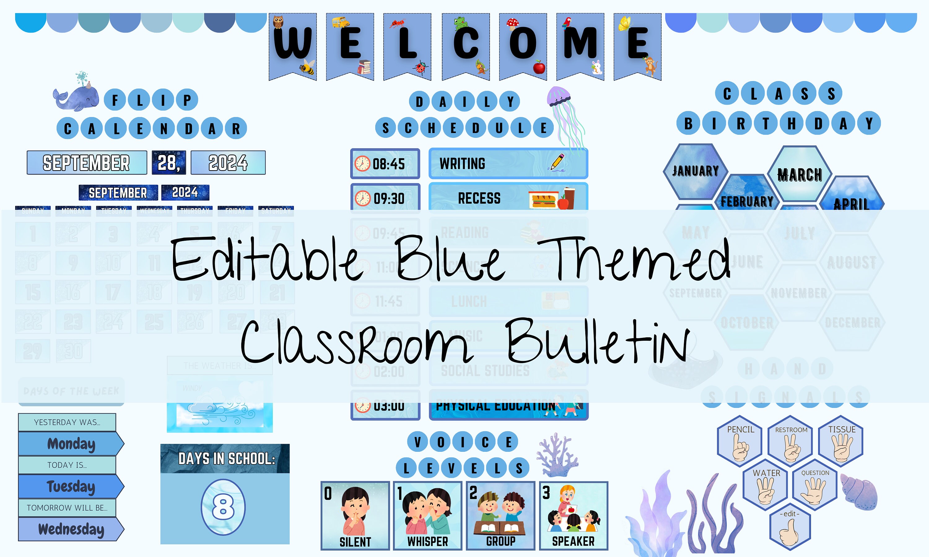 Editable Blue Themed Classroom Bulletin Classroom Decor Bundle Alphabet ...