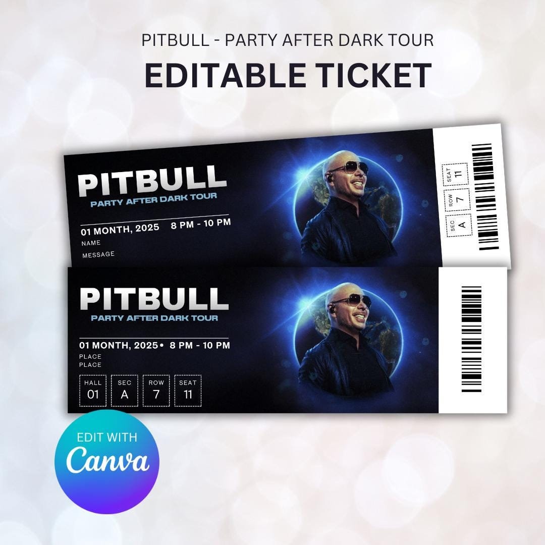 Editable Pitbull Concert Ticket, Party After Dark Tour, Commemorative ...