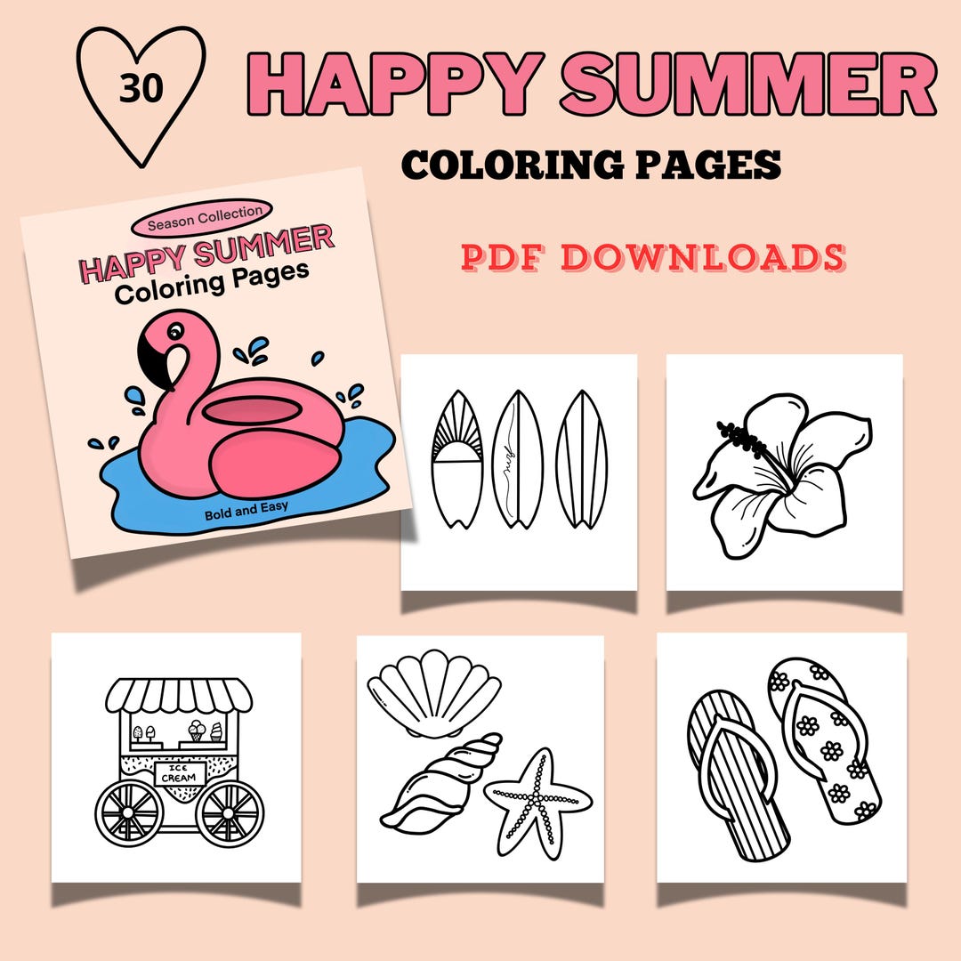 Happy Summer Coloring Pages Set (easy and Bold) - Instant Download ...