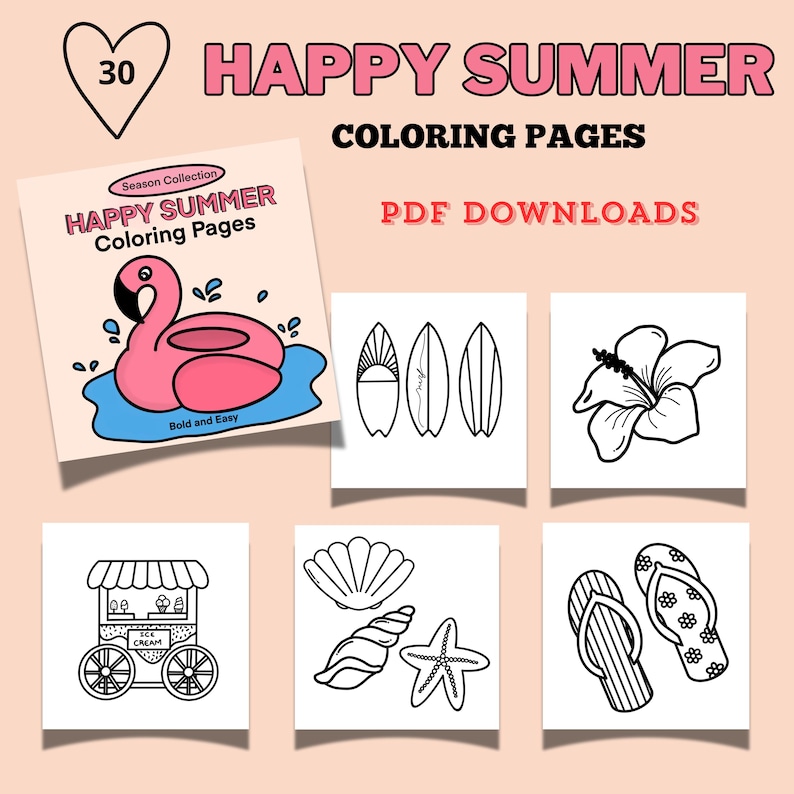 Happy Summer Coloring Pages Set (easy and Bold) - Instant Download ...