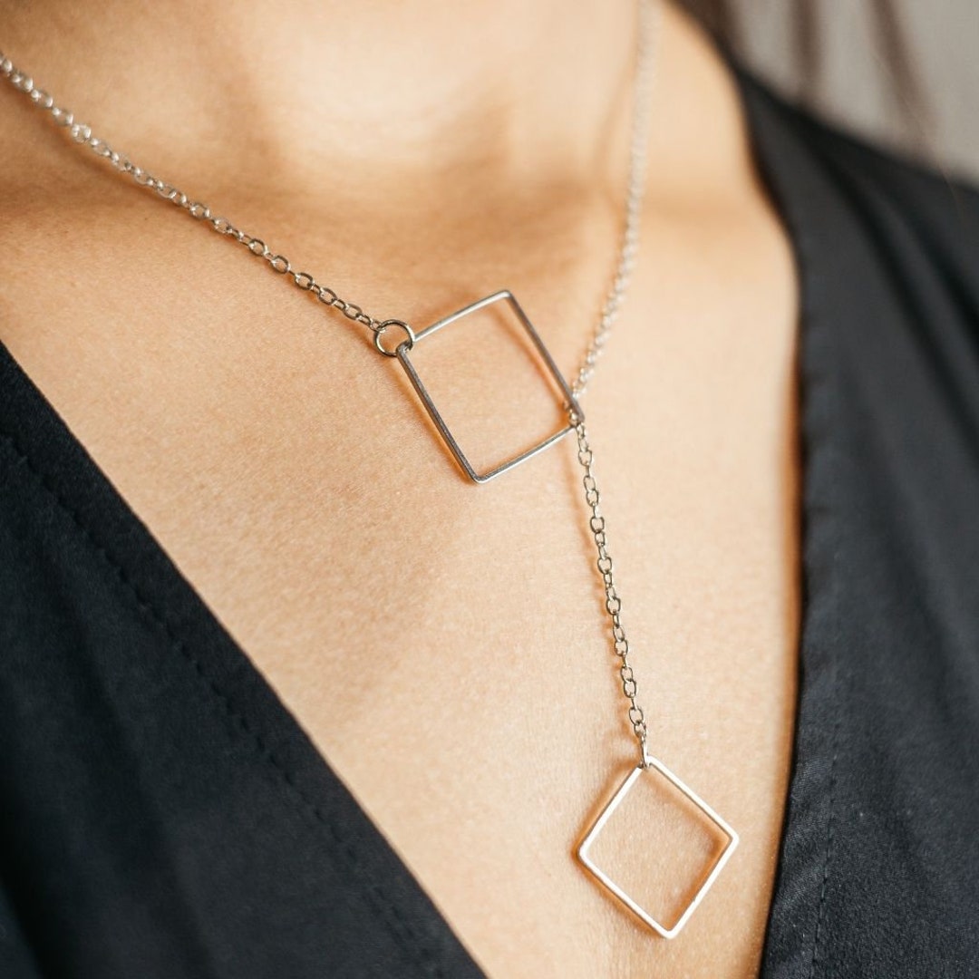 Two Square Drop Lariat Y Shape Interlock Rectangle Bar Lariat Drop ...